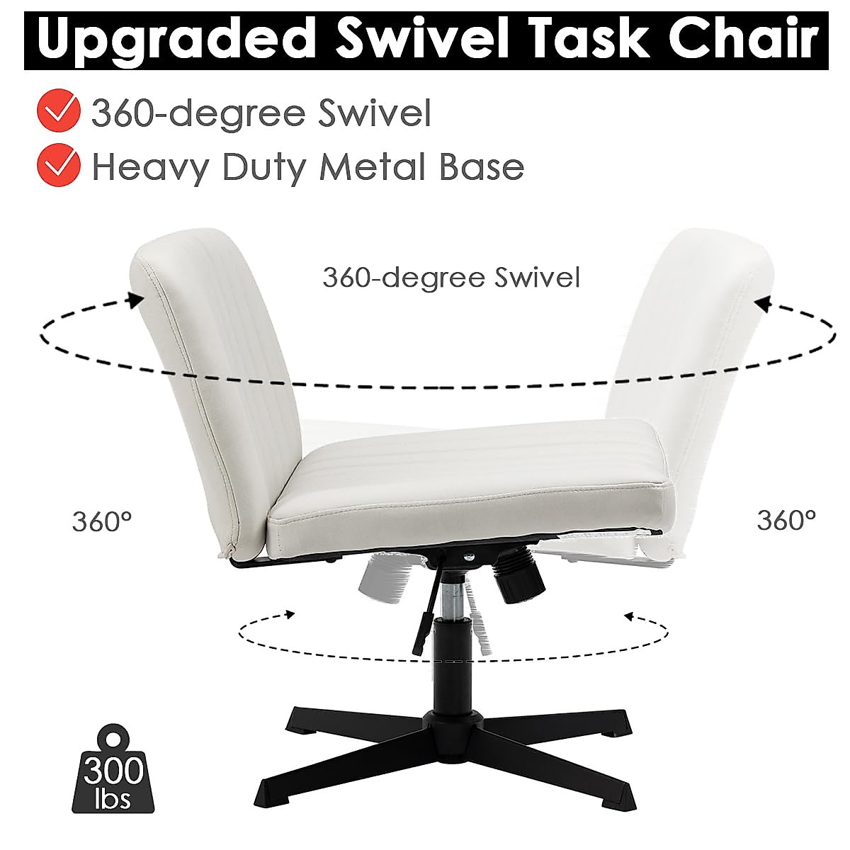 PEFEK Criss Cross Chair Armless Home Office Computer Chair No Wheels PU Leather Vanity Desk Task Chair Adjustable Swivel Ergonomic Living Room Chairs with Padded Backrest & Thickened Cushion (Beige)