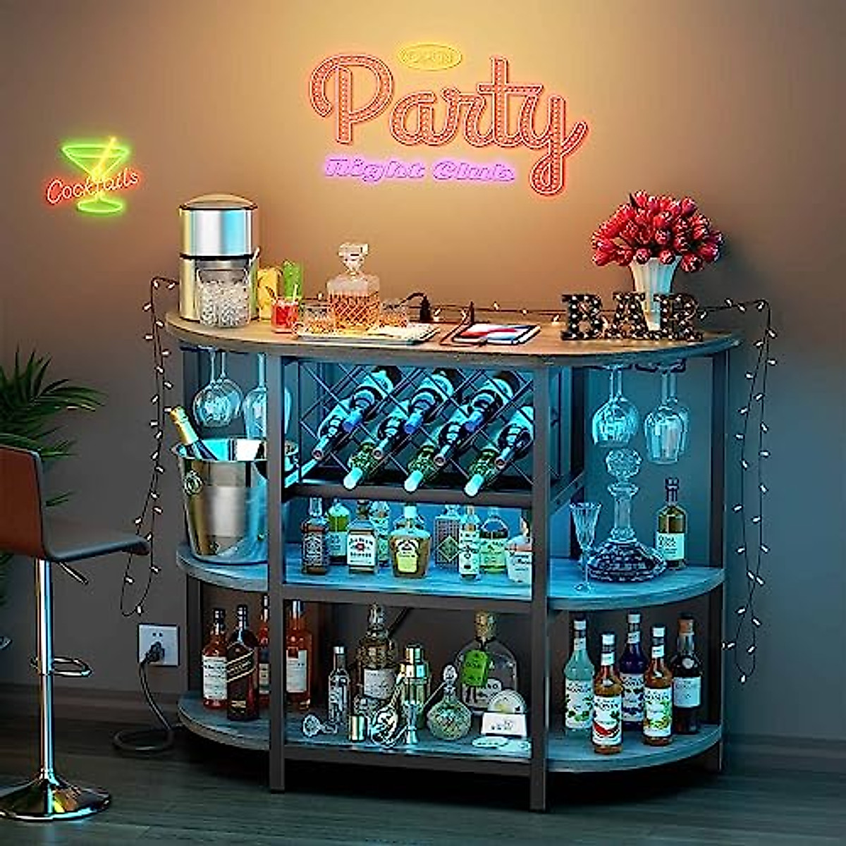 Zarler Bar Table Cabinet with Power Outlet, LED Home Mini Bar for Liquor and Glasses, Metal Wine Bar Stand with 4-Tier Storage, Grey
