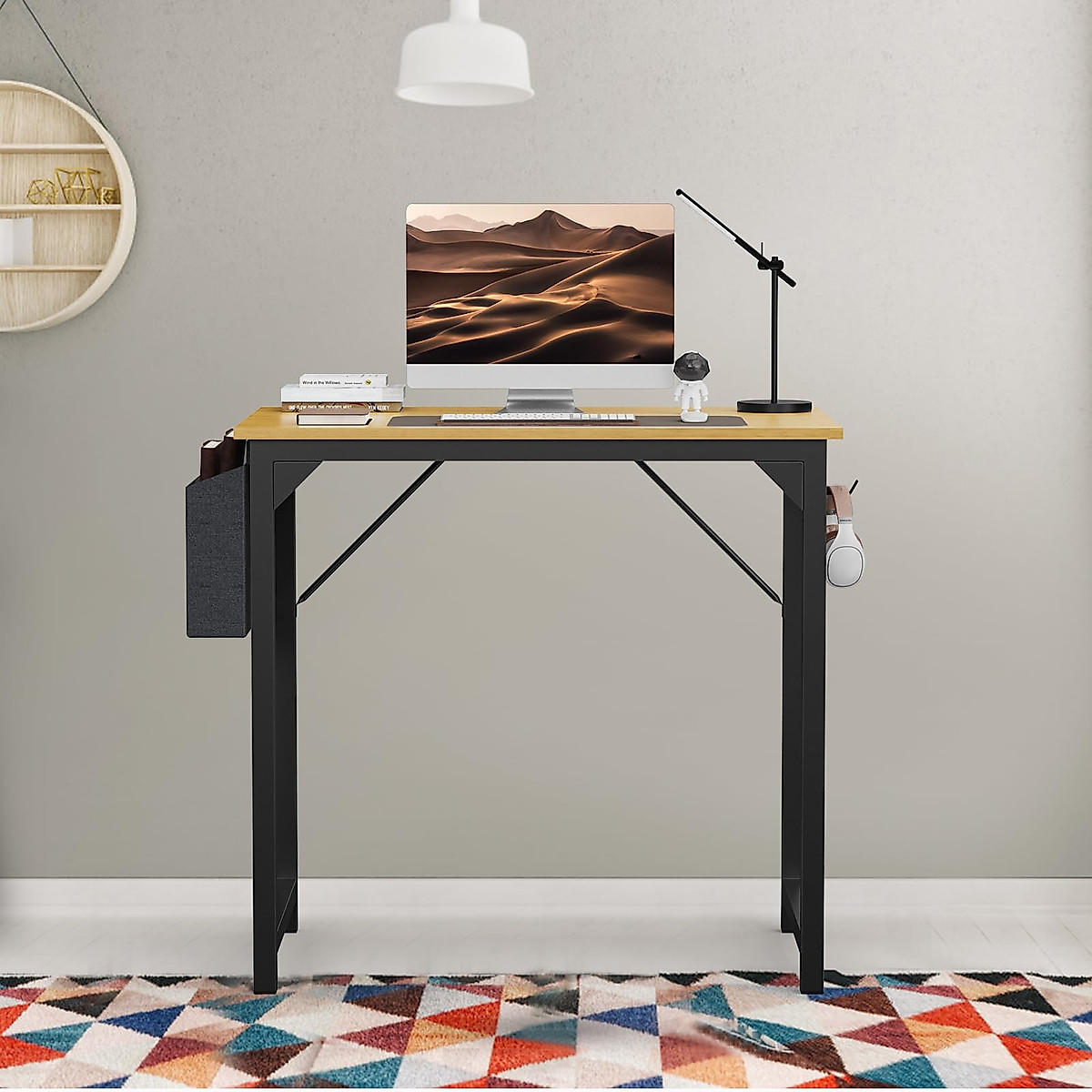 SMUG Computer Desk 32 Inch Home Office Writing Wood Storage Bag & Headphone Hook Small Spaces Simple Bedroom Work Study Kids Table, Natural