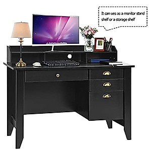 Catrimown Computer Desk with Drawers and Hutch, Executive Desk Teens Study Student Desk Writing Home Office Desks for Bedroom Small Spaces Wood Furniture, Vintage Style Black