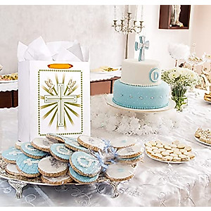 FaCraft 13" Large Gift Bag with Tissue Paper Cross Paper Gift Bags with Handle for Baptism Christenings Confirmations First Communions Religious Wedding,Baptism Gifts Bag for Kids Boys Girl