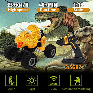 Bravepal Remote Control Stunt Dinosaur Car - 360° Rotation Off Road Monster 2.4 GHz RC Trucks Toy, 2 Rechargeable Batteries RC Car with Sound Effects, Flash Roar Spray and Lights for Boys Girls
