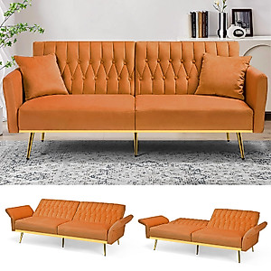 Lesofair 70” Velvet Futon with Adjustable Backrest and Armrests, Sofa Bed with with Extra Pillows for Waiting Room, Living Room and Office, Orange