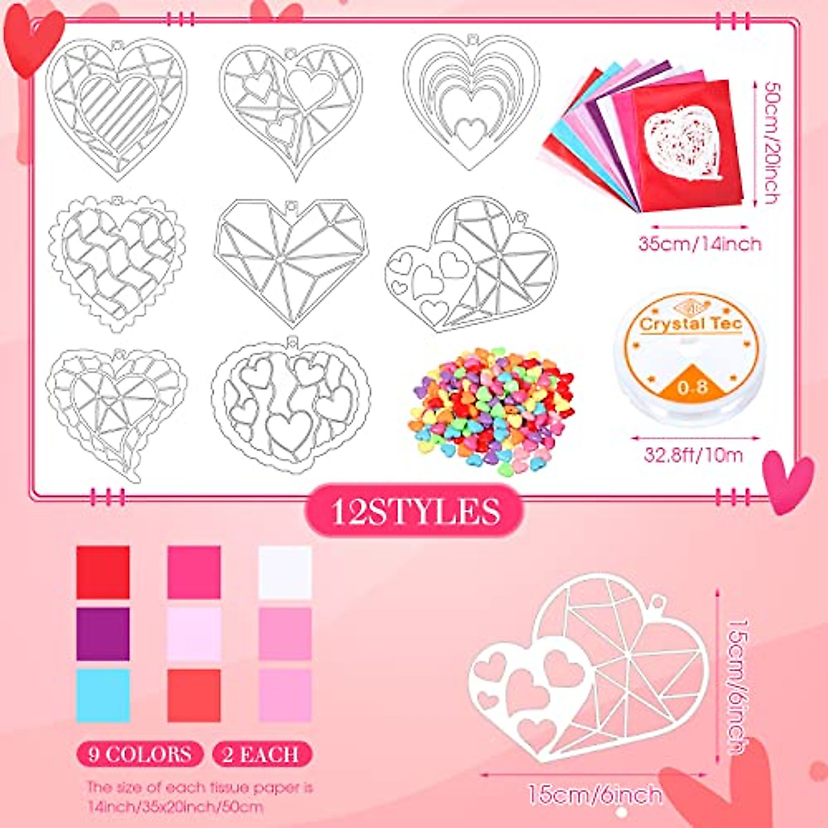 24 Pieces Valentine's Day Suncatcher Craft Kit, Tissue Paper Heart Suncatcher Craft Valentine's Day Window Art Kit with 18 Tissue Paper for Valentine's Day Mother's Day Craft DIY Spring Party Favor
