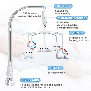 FEISIKE Baby Crib Mobile with 3 Modes Musical Box,Volume Control,12 Lullabies,Nursery Crib Toys for Newborn Ages 0 and Older,23 Inches Baby Mobile Arm and 5 Pcs Hanging Toys