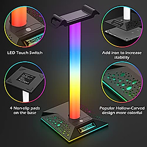 SIMOEFFI Upgraded RGB Gaming Headphones Stand, Headset Stand with 3.5mm AUX and 2 USB Charging Ports, Headphone Holder with 10 Light Modes and Memory Feature for Gamers PC Earphone Accessories Desk