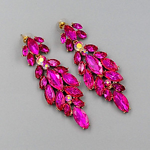 Womens Crystal Rhinestone Dangle Earrings Fuchsia Hot Pink for Proms Wedding Party
