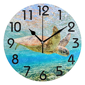 Naanle Chic 3D Underwater Ocean Swimming Sea Turtle Print Round Wall Clock Decorative, 9.5 Inch Battery Operated Quartz Analog Quiet Desk Clock for Home,Office,School