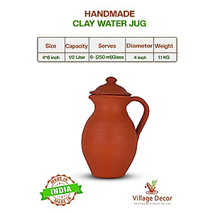Village Decor Handmade Earthen Clay Water Jug with Lid | Carafes Pitcher | Capacity 51 oz 1500 ml
