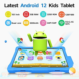 10.1 Inch Kids Tablet with Eye Protection,Android 12 Tablet for Kids,1280x800 HD IPS,3GB+32GB,6000mAh Dual Camera WiFi Bluetooth Tablet,Children Tablet with Shock-Proof Case YouTube Netflix(Blue)
