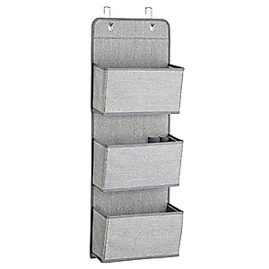 mDesign Fabric Hanging Organizers for Over the Door Storage In Bedroom/Hallway Closets, 3 Pocket Organizer Caddy, Hooks for Linens, Clothing, Accessories, Lido Collection, Textured Print, 2 Pack, Gray