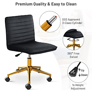 Furniliving Home Office Chair, Armless Vanity Chair with Wheels Swivel Velvet Computer Rolling Desk Chair with Back, Adjustable Accent Chair with Gold Metal Base Stool Chair,Black