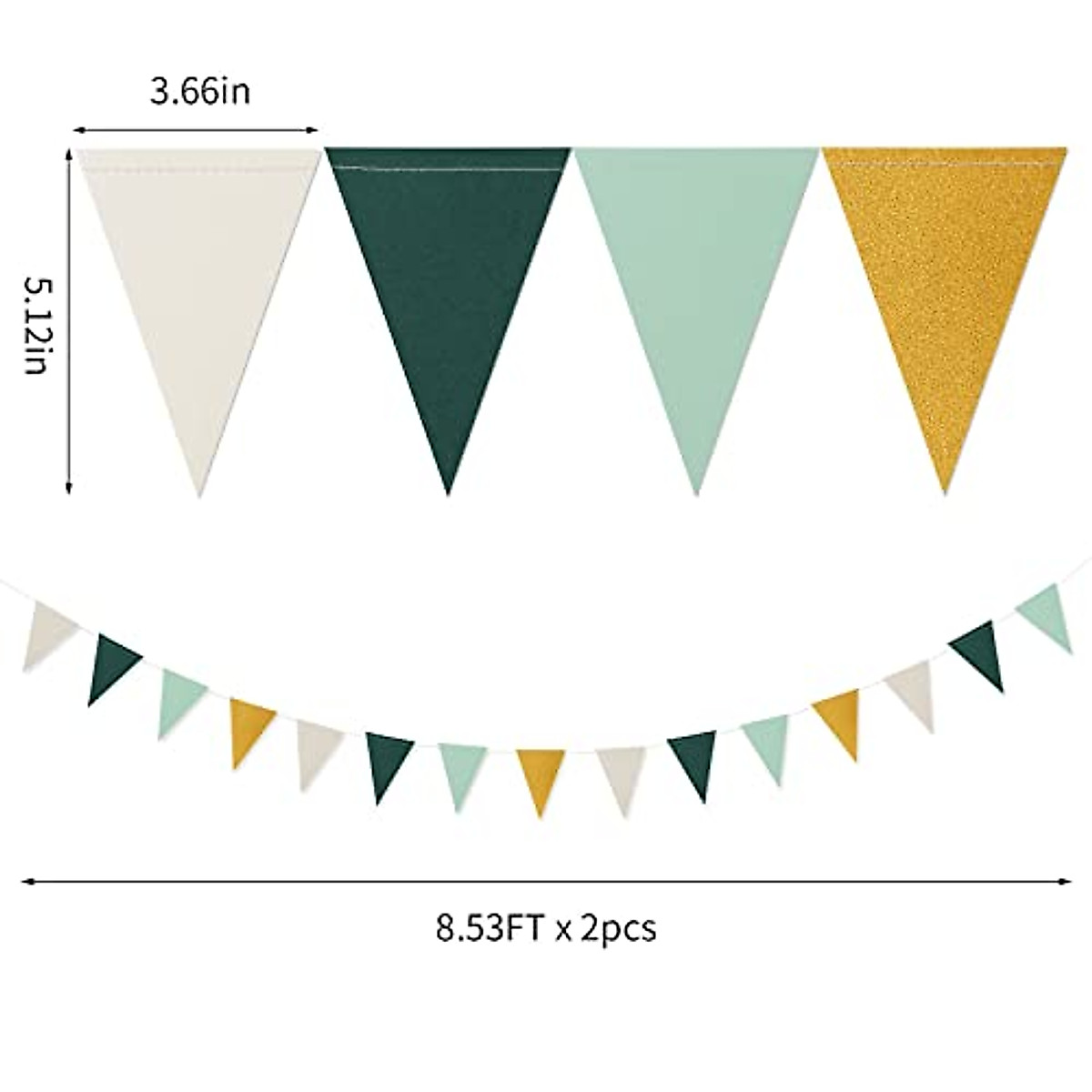 Sage Green Ivory Gold Pennant Banner,2 Pack Glitter Paper Triangle Flags,Baby Bridal Shower Safari Birthday Tropical Party Decorations Jungle Theme Wedding Bachelorette Engagement Bunting Lasting Surprise