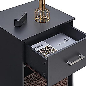 Reettic Wooden Nightstand Set of 2, End Table with Sliding Drawer and Opening Shelf, Sofa Bedside Table for Bedroom, Black RCTG101B02
