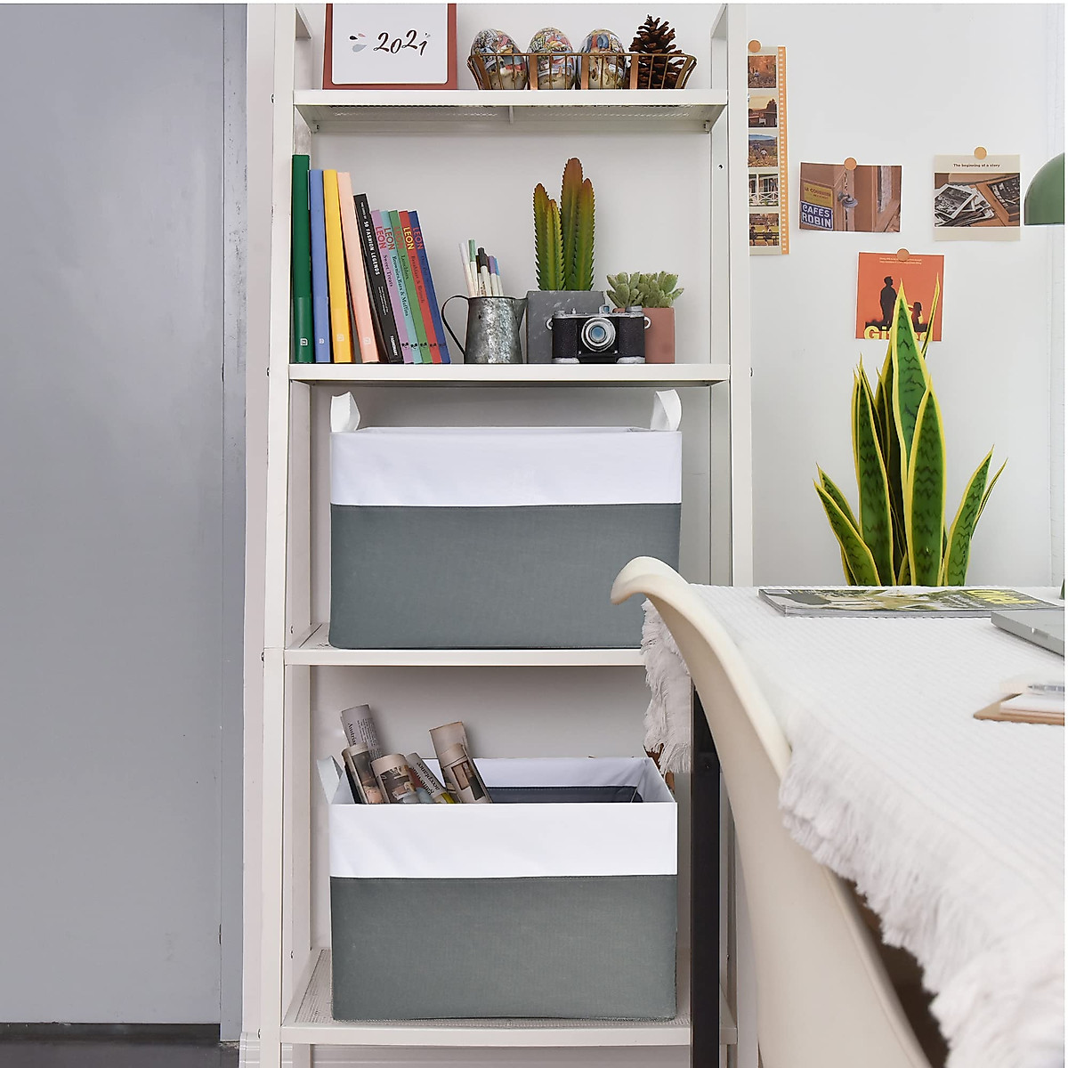 GRANNY SAYS Storage Bins for Shelves, Linen Closet Organizers and Storage Baskets Extra Large, Shelf Baskets with Metal Frame, Storage Boxes for Bedroom Wardrobe, White/Gray, 2-Pack