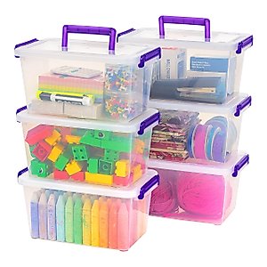 IRIS USA Plastic Storage Bins with Lids 5.4 Qt. Craft Organizers and Storage with Handle, Art Supply Storage Organizer, Arts and Crafts Organizer, Stackable and Secure Latch, Clear/Violet - 6 Pack