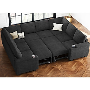Belffin Sectional Sleeper Sofa Couch with Pullout Bed Modular Sectional Pull Out Couch with Storage. Dark Grey Couch