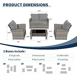 VONZOY Wicker Patio Furniture Set, 4 Piece Outdoor Sectional Conversation Sets, Gray PE Rattan Patio Sofa Set for Balcony, Porch, Backyard, Grey