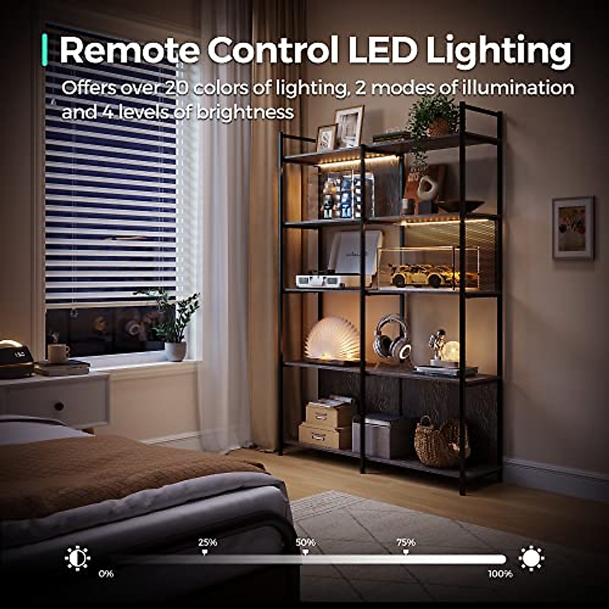 LINSY HOME 5 Tiers Bookshelf with LED Light Remote Control 69.5'' Tall Book Shelf Wide with 10 Storage Shelves, Free Standing Display Shelf with Wood Board & Metal Frame for Living Room, Home Office