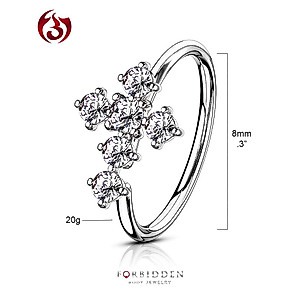 Forbidden Body Jewelry 20g 8mm Platinum Plated Brass Bendable Nose Ring & Cartilage Hoop Featuring CZ Lined Cross Top