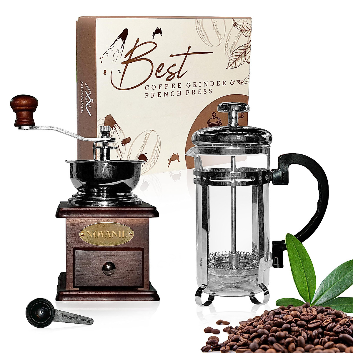 NOVANIL FRENCH COFFEE KIT - ANTIQUE STYLE COFFEE SET, FRENCH PRESS & HEAT-RESISTANT GLASS POT, WOODEN MANUAL COFFEE GRINDER & GIFT BOX