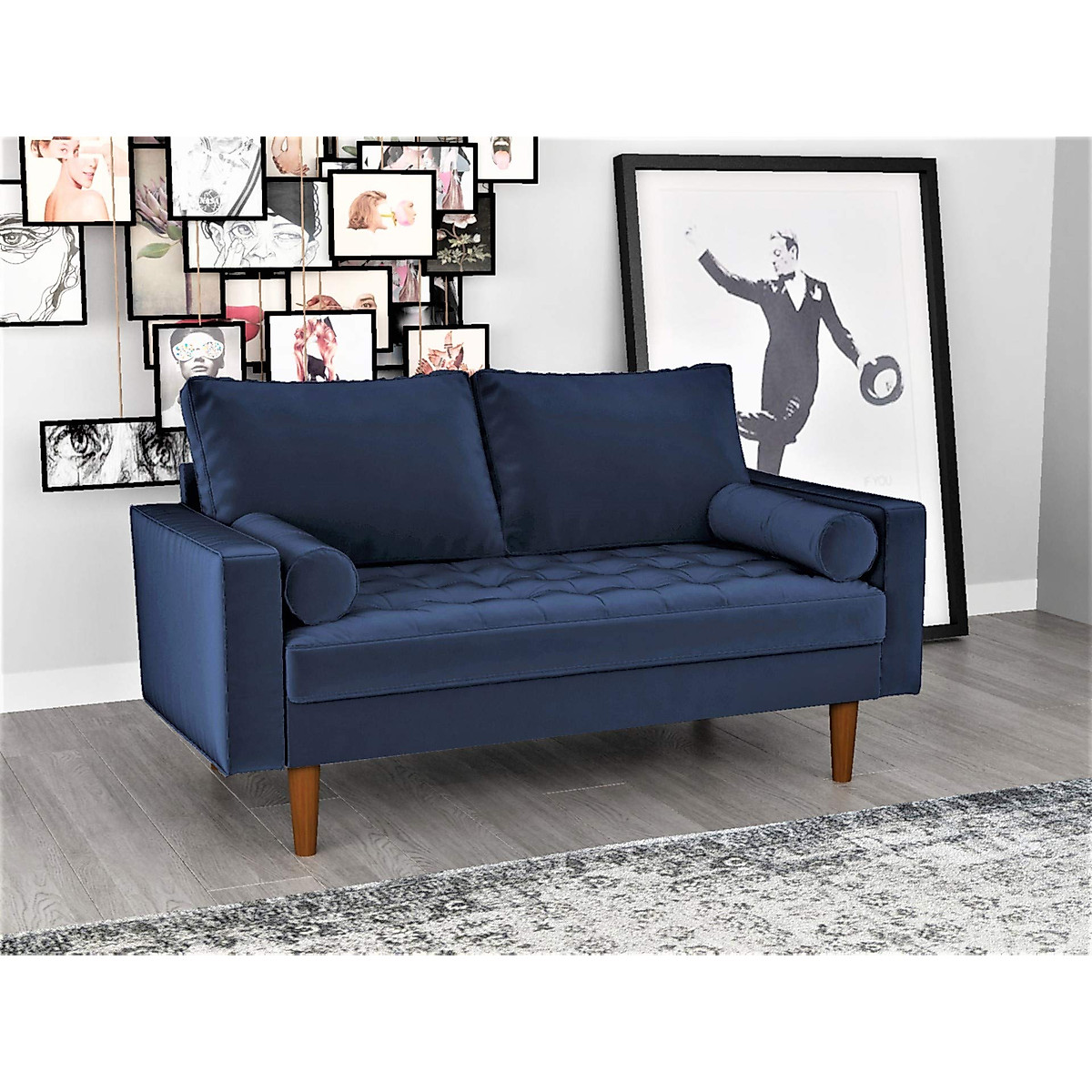 Container Furniture Direct Womble Velvet Upholstered Living Room Diamond Tufted Chesterfield Loveseat With Gleaming Nailhead, Space Blue