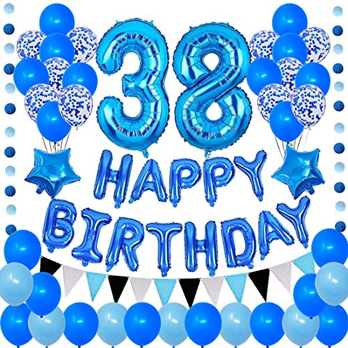 Succris 38TH Blue Theme for 38 Years Old Birthday Party Supplies Blue Happy Birthday Banner Blue Circle Dots Garland Paper Hanging Triangle Flag Banner Confetti balloons Number 38 Blue