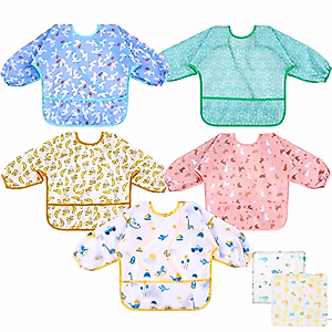 Lictin Baby Bibs for Boy or Girl - Baby Bibs for Eating, Long Sleeve Bib, Waterproof Toddler Bibs, 0-24 Months Neutral Baby Smock, Reusable Infant Baby Bibs for Feeding Teething or Weaning 5 Pcs
