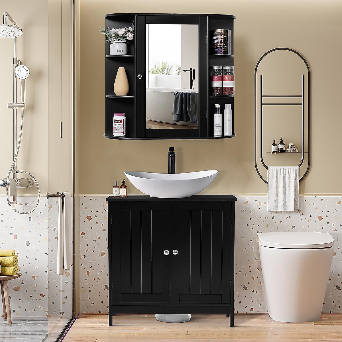 Iwell Bathroom Medicine Cabinet with Mirror, Bathroom Wall Cabinet with 2 Adjustable Shelves & 6 Open Shelves, Bathroom Cabinet Wall Mounted, Over The Toilet Space Saver Storage Cabinet, Black