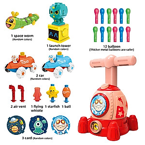 PZJDSR Rocket Balloons with Pump,Balloon Powered Toy Car with 12 PCS Balloons and Car Launcher Tower, Party Supplies Balloon Toys for Kids Ages 3+ (Rocket-Red)