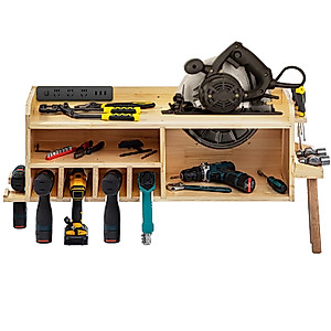 VEVOR Power Tool Organizer, Wall Mount Drill Holder, 4 Drill Hanging Slots Drill Charging Station, 3-Shelf Cordless Drill Storage, Polished Wooden Toolbox for Saw, Impact Wrench, Screwdriver Drill