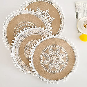 2 Pcs Boho Round Place Mats with Pompom Woven Jute Placemats Rustic Macrame Coasters for Dining Room Kitchen Table Decor Style 6