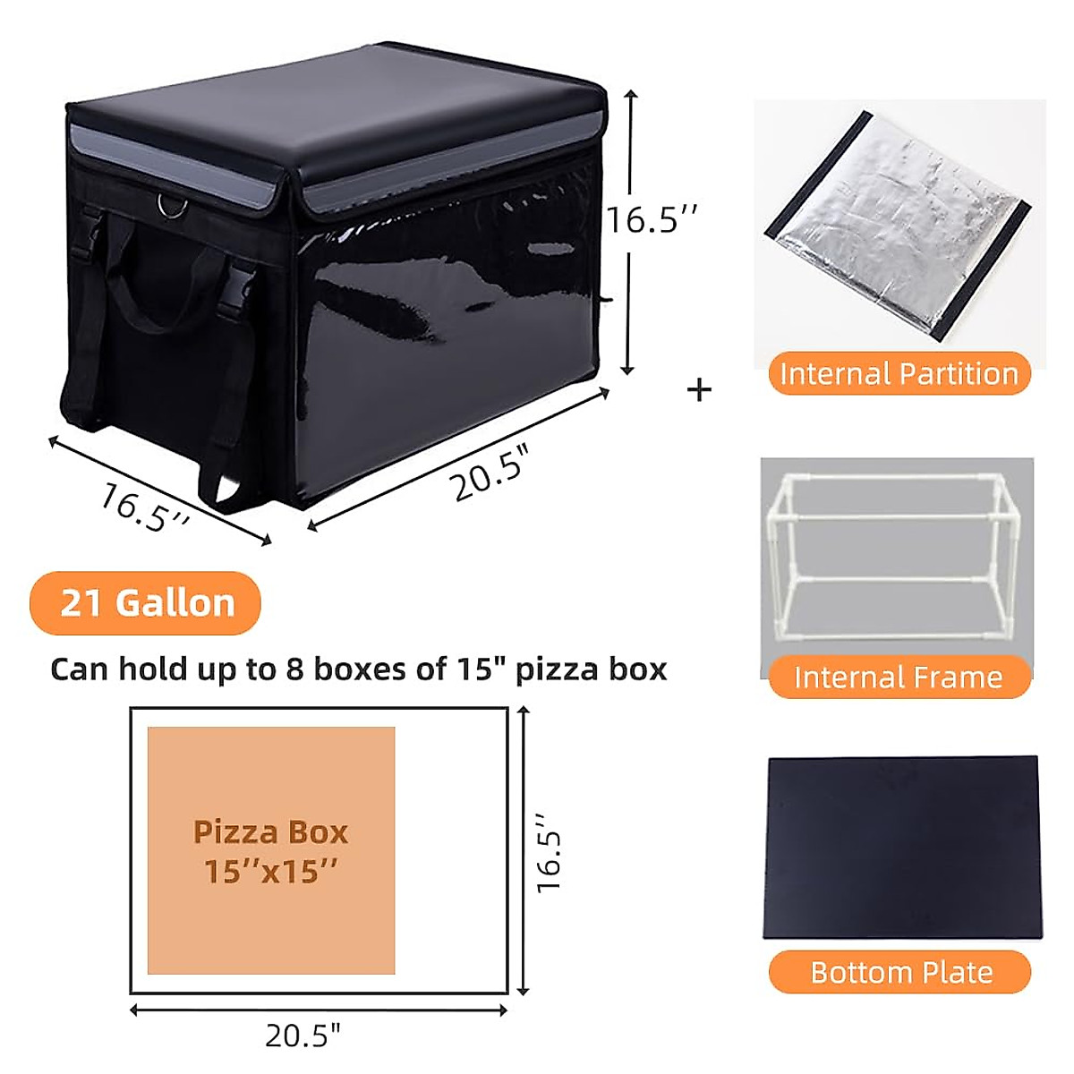 TooCust Insulated Bags For Food Delivery XXXL- 20.5" x 16.5" x 16.5", Commercial Insulated Food Delivery Bag w/Divider, Waterproof & Foldable Catering Bag Food Deliveries, 15 inch Pizza Delivery Bag