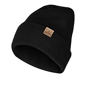 Hysnan Mens Beanie Merino Wool Warm Hats for Women Men Knit Slouchy Double Layer Warm Cuffed Skull Beanie Skiing Skating Black