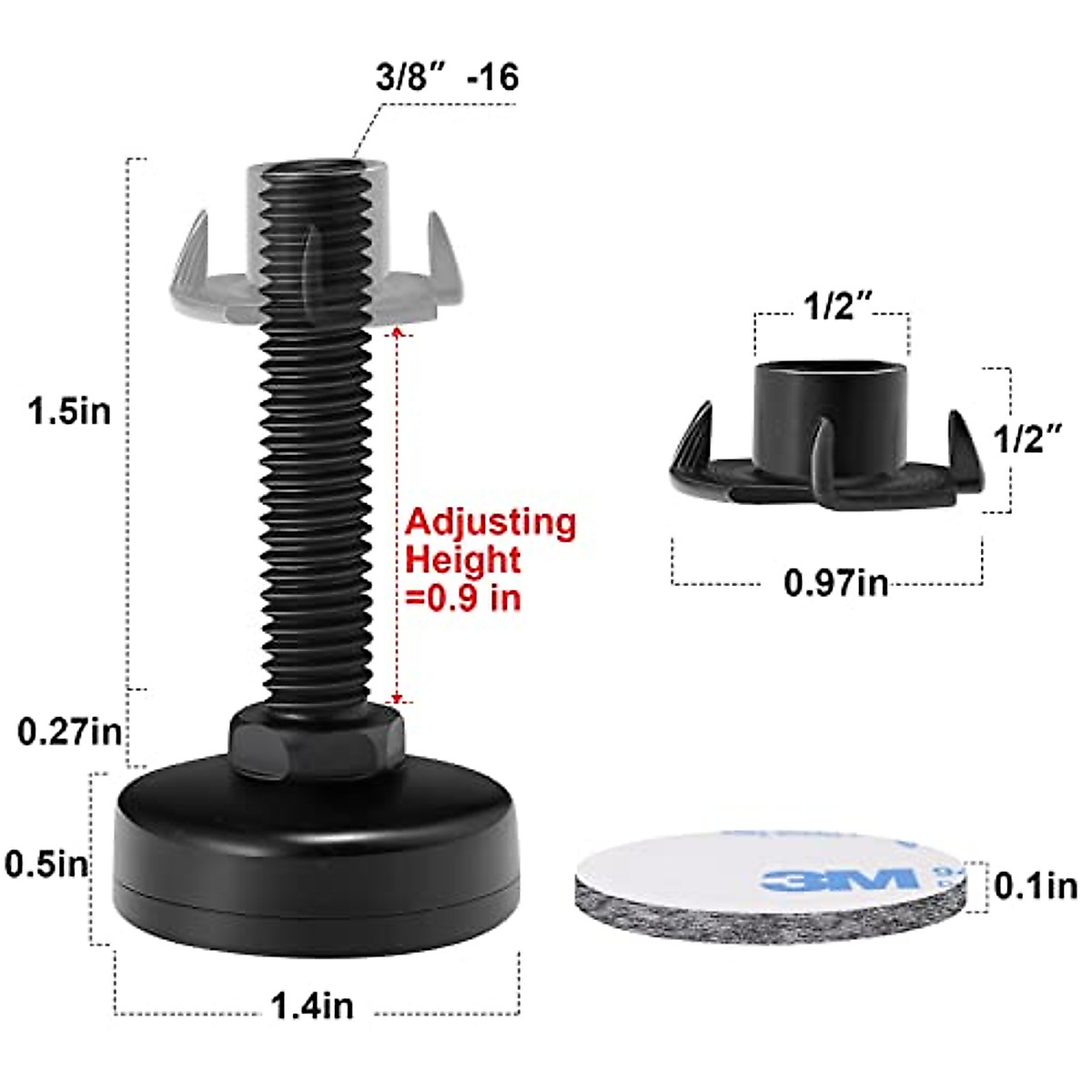 NANMOTUE Leveling Feet Adjustable Furniture Feet, 3/8'' UNC Thread Furniture Levelers, Adjustable Leveling Feet for Table Chairs Cabinets Sofa Raiser, 4PCS Table Leg Levelers