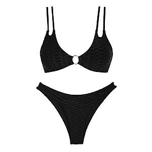 ZAFUL Women's O-Ring Bikini Double Shoulder Straps Bikini Set Cheeky Two Piece Swimsuit Bathing Suit (0-Black, S)