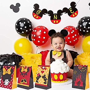24 Pack Mickey Minnie Party Favor Bags Paper Goodie Bags - Treat Candy Bag for Kids' Minnie Mickey Theme Party, Boys Girls Mickey Birthday Party Supplies Gift Bags with Stickers for Party Decorations