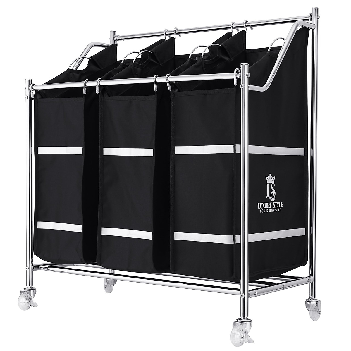 LUXURY STYLE 3- Sections Laundry Sorter, Roling Laundry Cart, Modern Golden Laundry Hamper, 3-Bags Laundry Hamper with Wheels, Laundry Basket, XL Hamper for Clothes, Toys, and Towels (Elegant Silver)