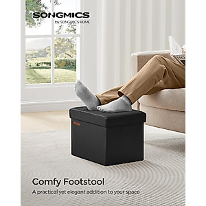 SONGMICS Small Folding Storage Ottoman, Set of 2, Foot Rest Stool, Cube Footrest, Synthetic Leather, 12.2 x 16.1 x 12.2 Inches, 286 lb Capacity, Living Room, Bedroom, Dorm, Ink Black ULSF100B21