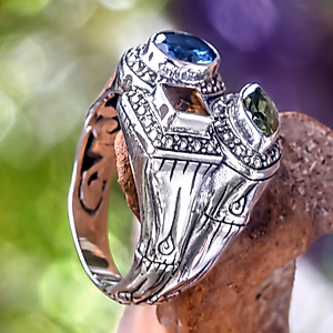 NOVICA Artisan Handmade .925 Sterling Silver Multigemstone Cocktail Ring Balinese Citrine Blue Topaz Peridot Green Multicolor Yellow Indonesia Leaf Tree Birthstone 'Splendid Bamboo'