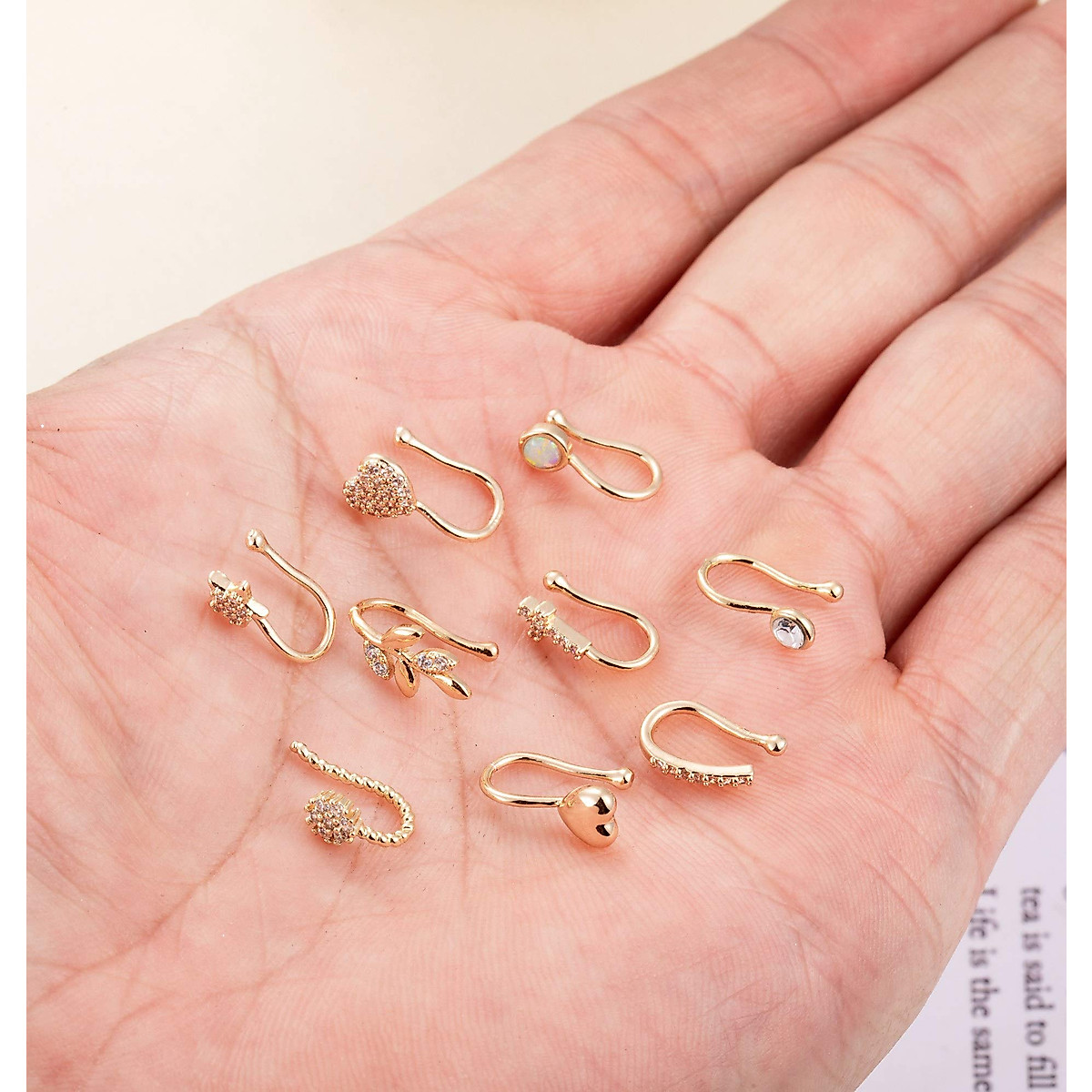 Masedy 9Pcs Fake Nose Rings Hoop Clip On Faux Setump Cartilage Tragus Ring Non Piercing Jewelry G