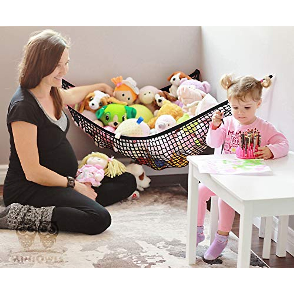 MiniOwls Toy Storage Hammock - Organizational Stuffed Animal Net for Play Room or Bedroom. Fits 30-40 Plushies. Comes in a Gift Box. (Black, X-Large)