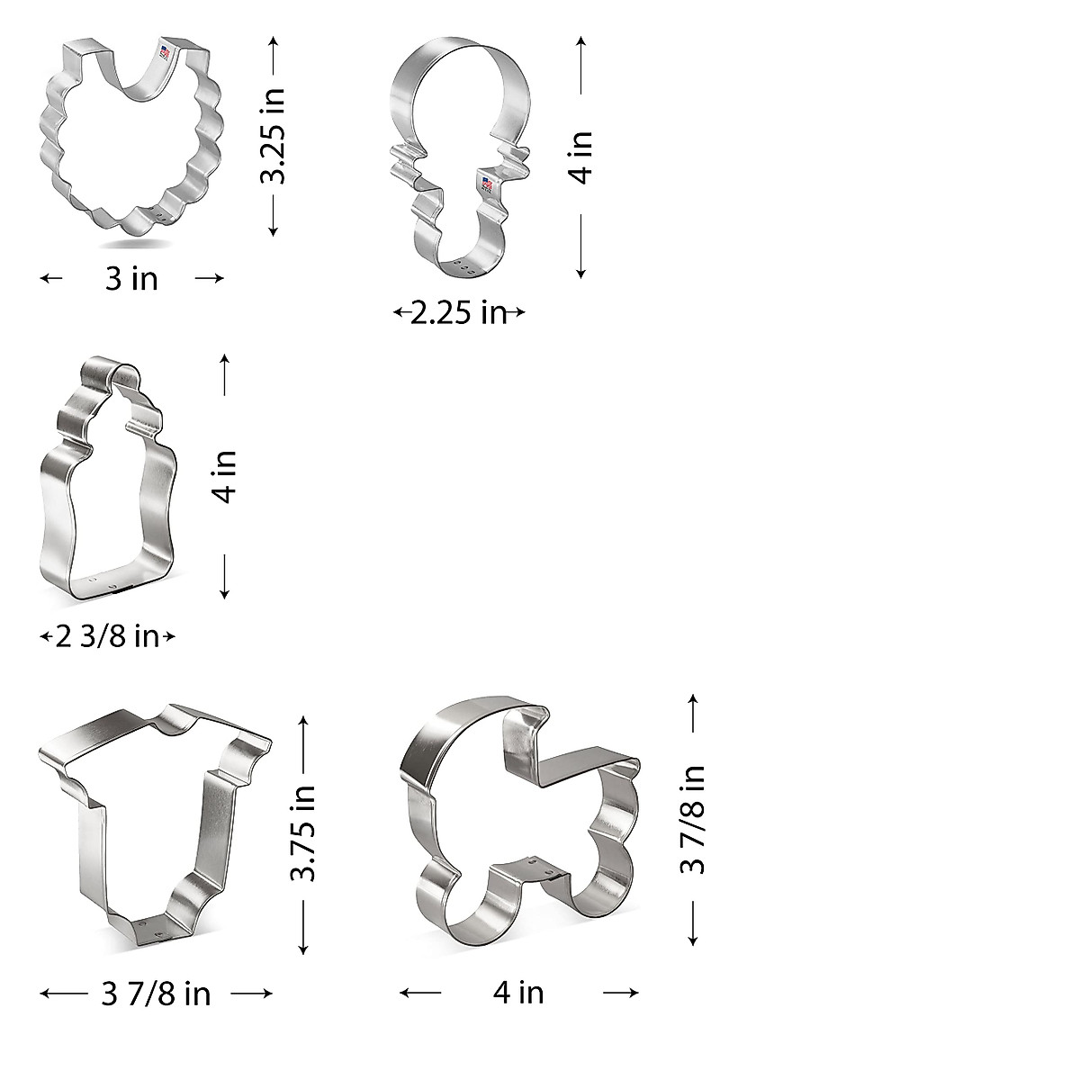 Foose Cookie Cutters Baby Shower Cookie Cutter 5 Piece Set 3.25" Bib, 4" Rattle, 4" Bottle, 4" Baby Body Suit, 4" Carriage, USA