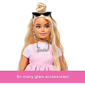 Barbie Deluxe Style Doll #3 in Barbiecore Outfit, Blond Hair in Top Knot, Pink Pastel Dress with Oversized Bow and Accessories Like Mesh Tights