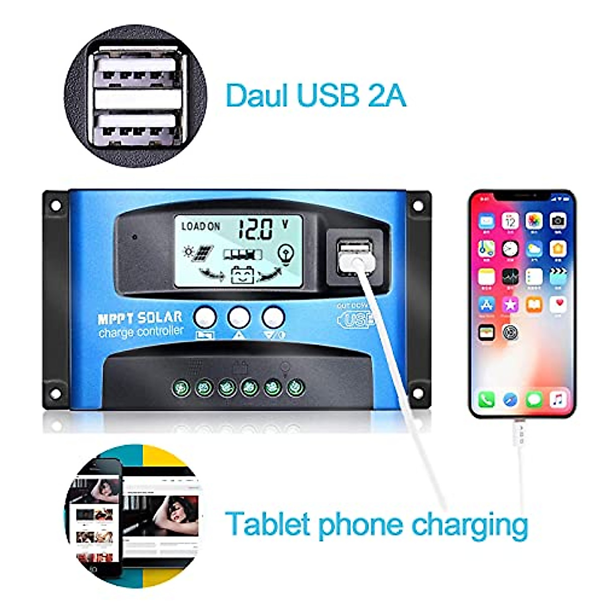 100A MPPT 36V/48V/60V Solar Charge Controller with LCD Display, Multiple Load Control Modes Dual USB MPPT Multi-Function LCD Displays Solar Charge Controller