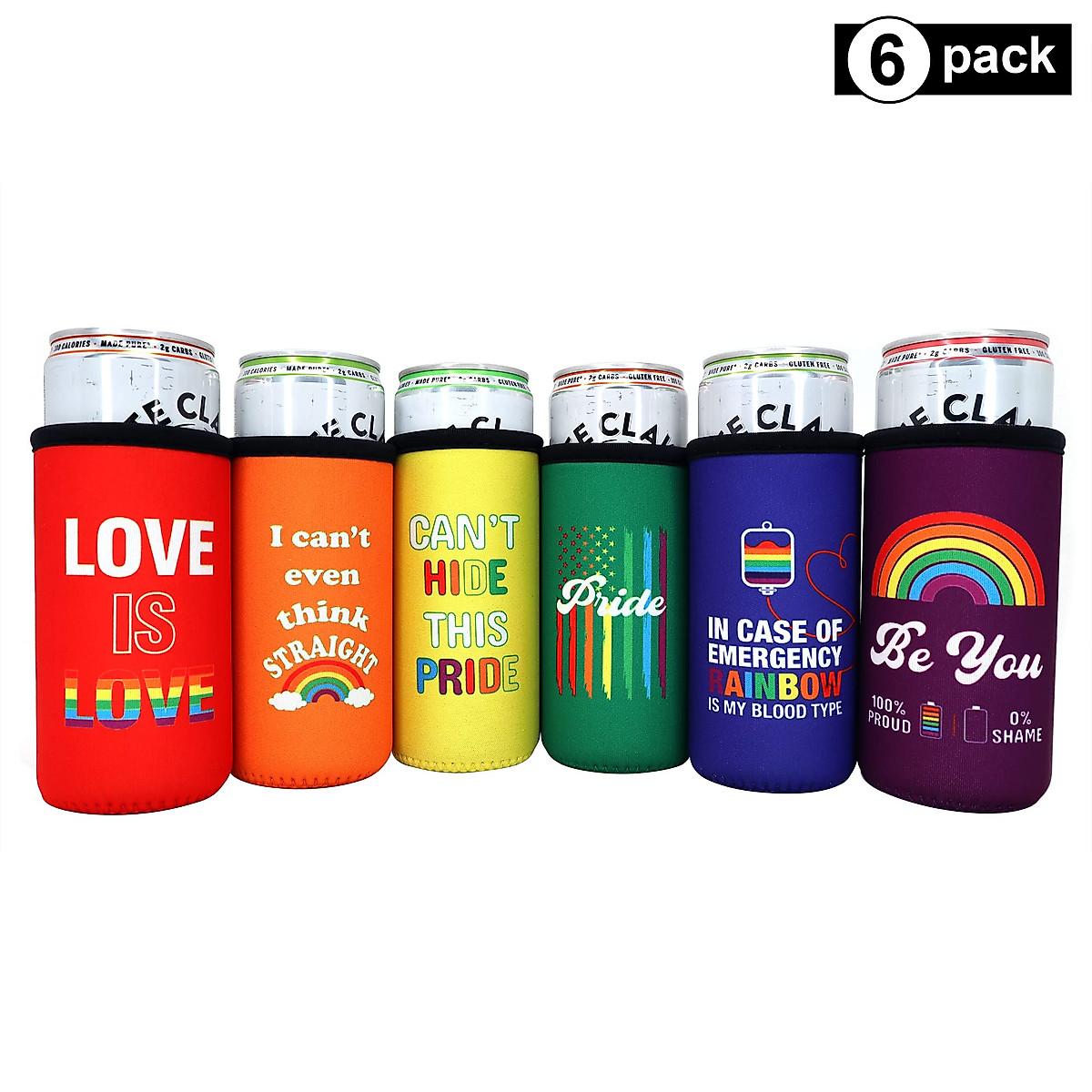 Gay Pride Stuff LGBTQ Coolies - Pride Accessories for Parade, Pride Wedding Favors, Coming Out Party Gift, Rainbow Gay Flag Merch, 12 oz Tall Skinny Can Coolie Insulated Sleeve, Proud Slim Can Cooler