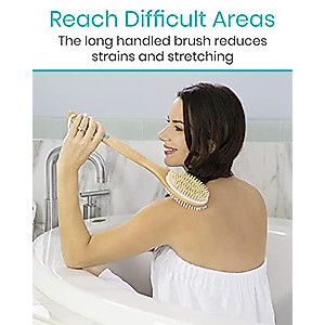 Vive Back Scrubber Brush for Shower - for Dry or Wet Body Brushing - Long Handle - Cleaning Lymphatic Drainage Handled Washer for Men, Women - Showering Bathing Exfoliator with Soft & Stiff Bristles