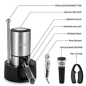 Wine Pourer,VENZELL Electric Wine Aerator Pourer, One-Button Smart Wine Decanter with Wine Opener, Automatic Wine Decanter with Vacuum Wine Stopper,Wine Decanter and Dispenser, Pump Aeration Pourer
