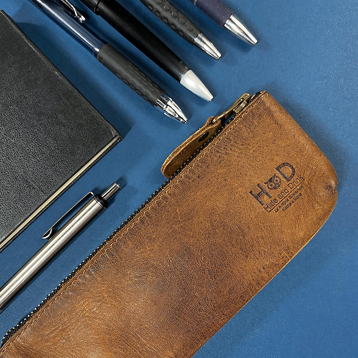 Hide & Drink, Rectangular Pencil Case, Pen & Marker Pouch for Men and Women, Flat Zippered Holder, Classic Style for Artists, Full Grain Leather, Handmade, Bourbon Brown