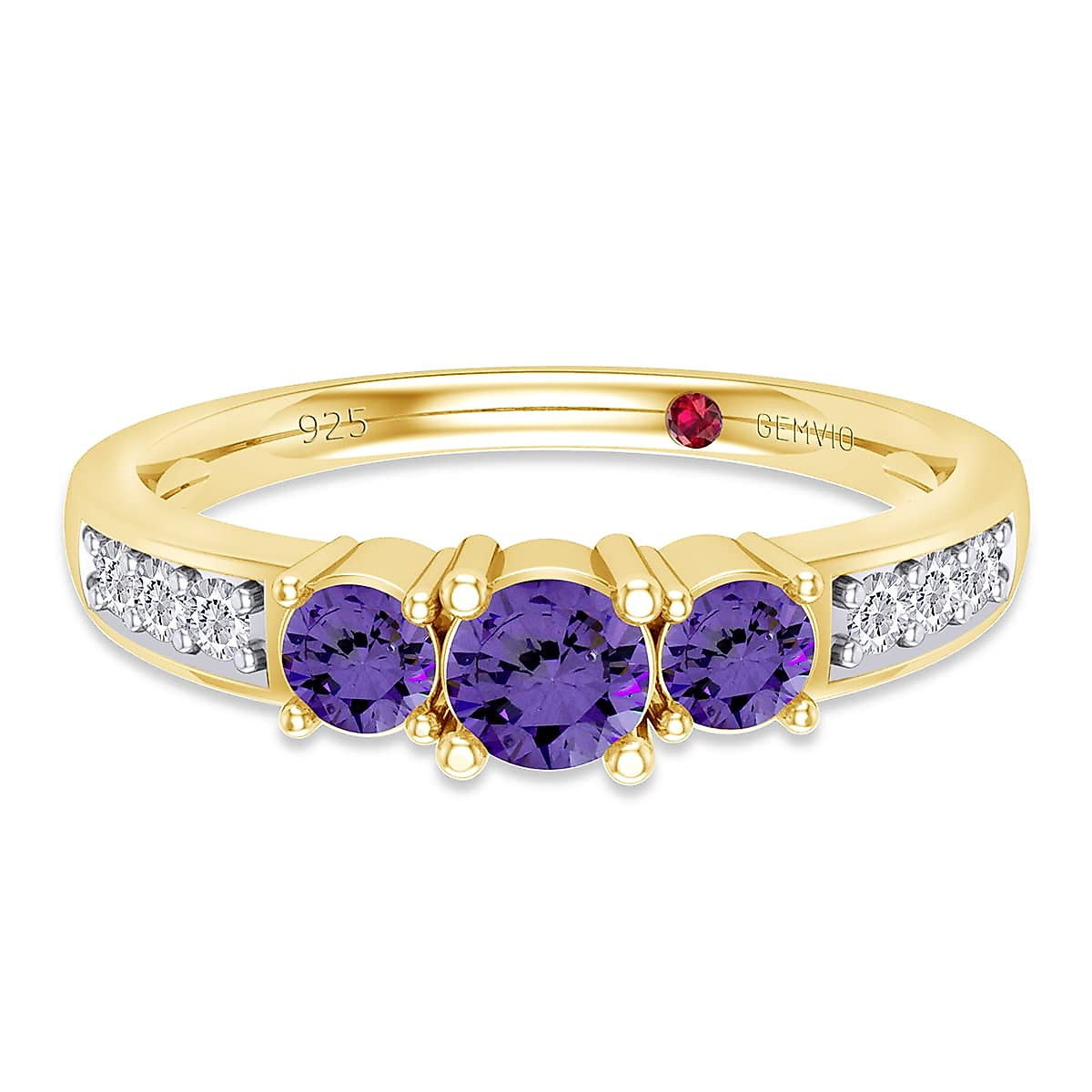 GEMVIO Collection 3 Stone Ring, Round Cut Natural Amethyst Gemstone & Natural Diamond Engagement Ring In 14K Yellow Gold Over Sterling Silver Anniversary Wedding Band Ring (0.40 Cttw)-6